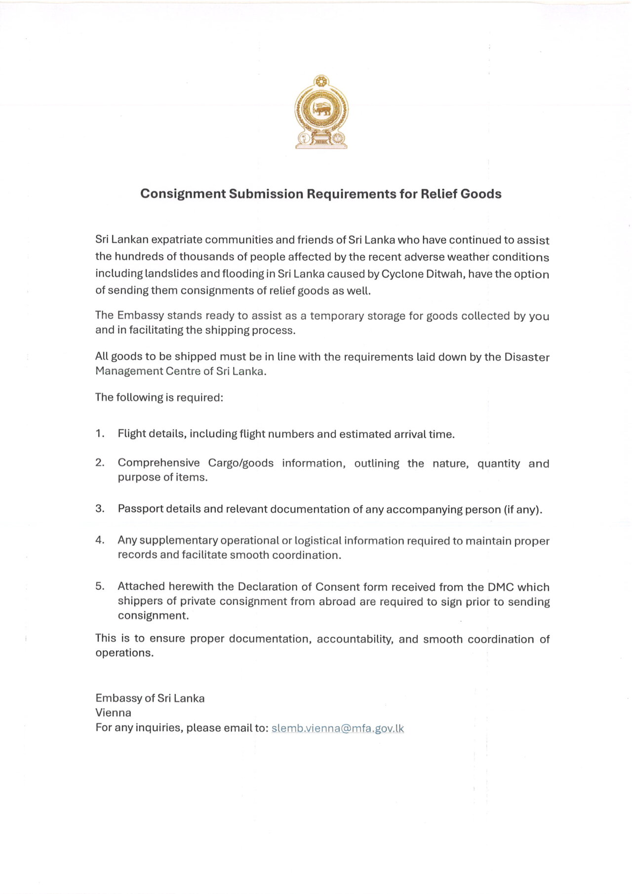 Consignment Submission Requirements for Relief Goods - Embassy and ...